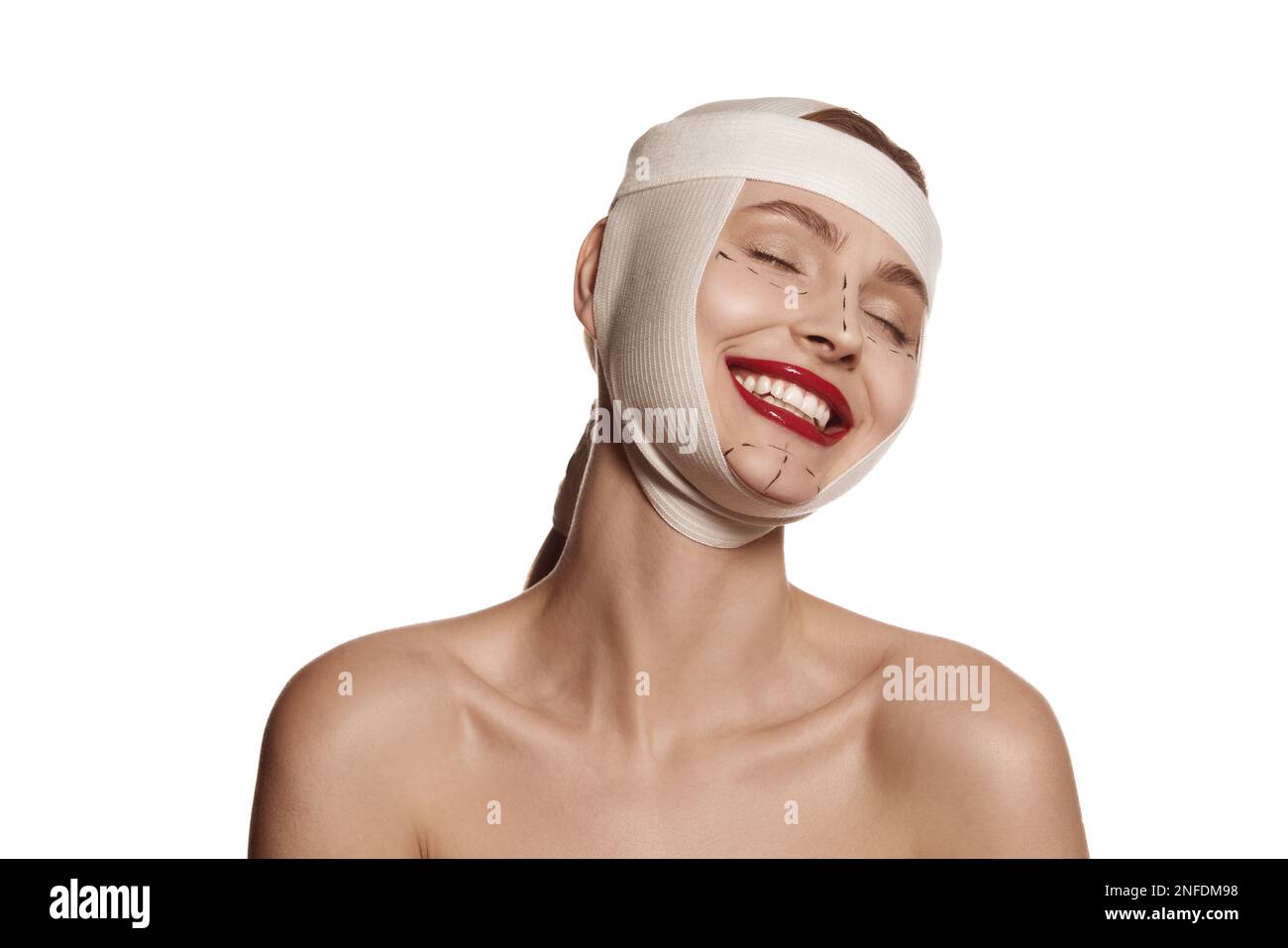 Female face bandaged with medical bandages human emotions. Making ...