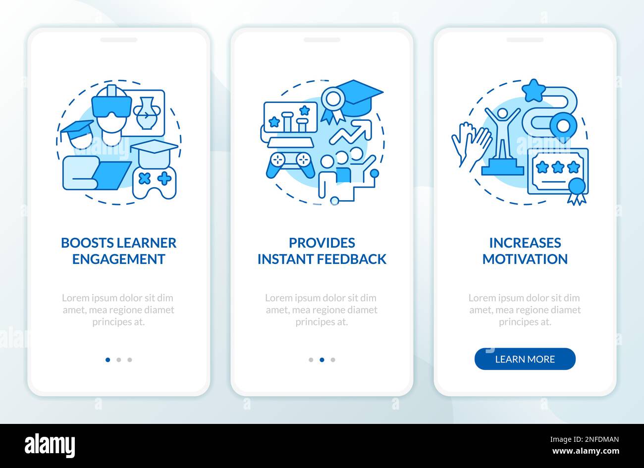 Gamification Benefits In E Learning Blue Onboarding Mobile App Screen
