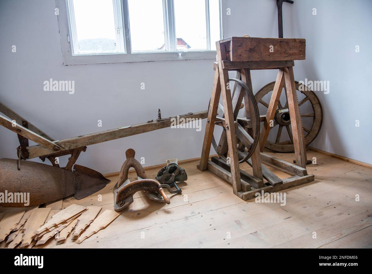 A closeup shot of old iron medieval equipment in the white room Stock ...