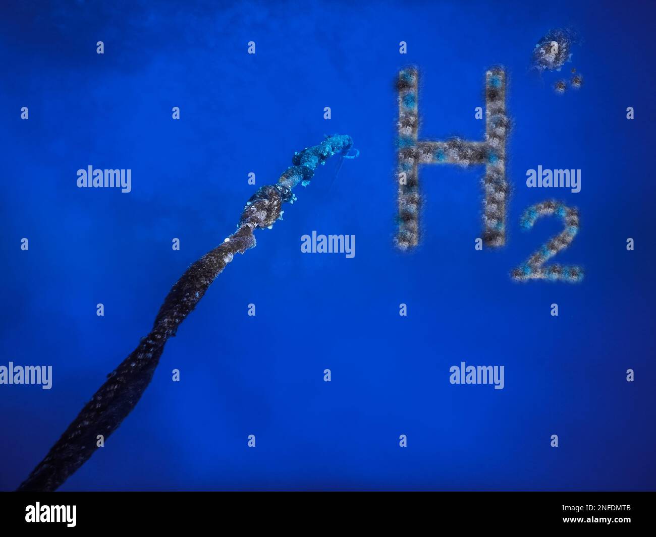 3D illustration renewable pure energy dark blue h2 hydrogen at a long ...