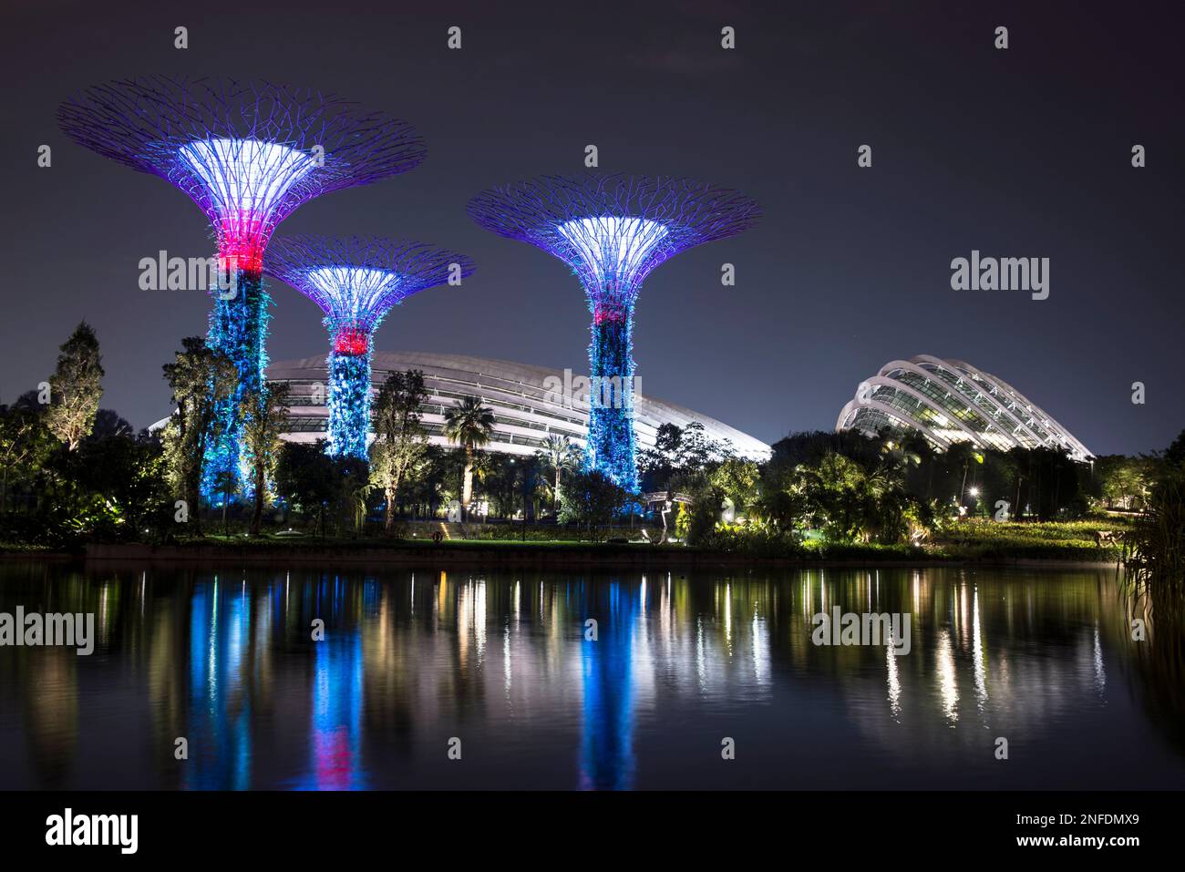 Singapore supertrees and the cloud mountain water reflections at night ...