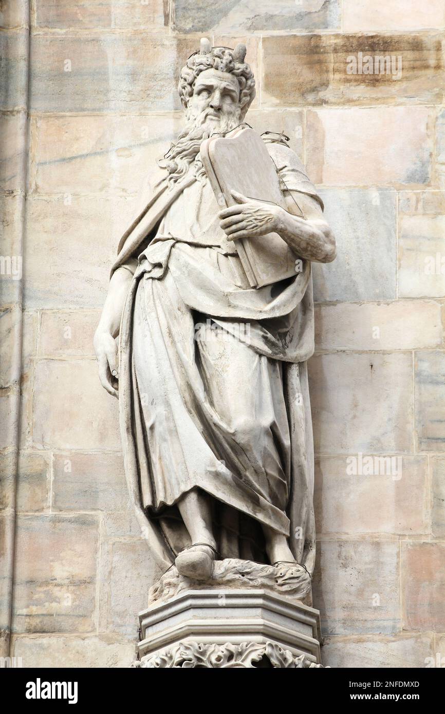 Moses sculpture. One of statues in the facade of Cathedral in Milan ...