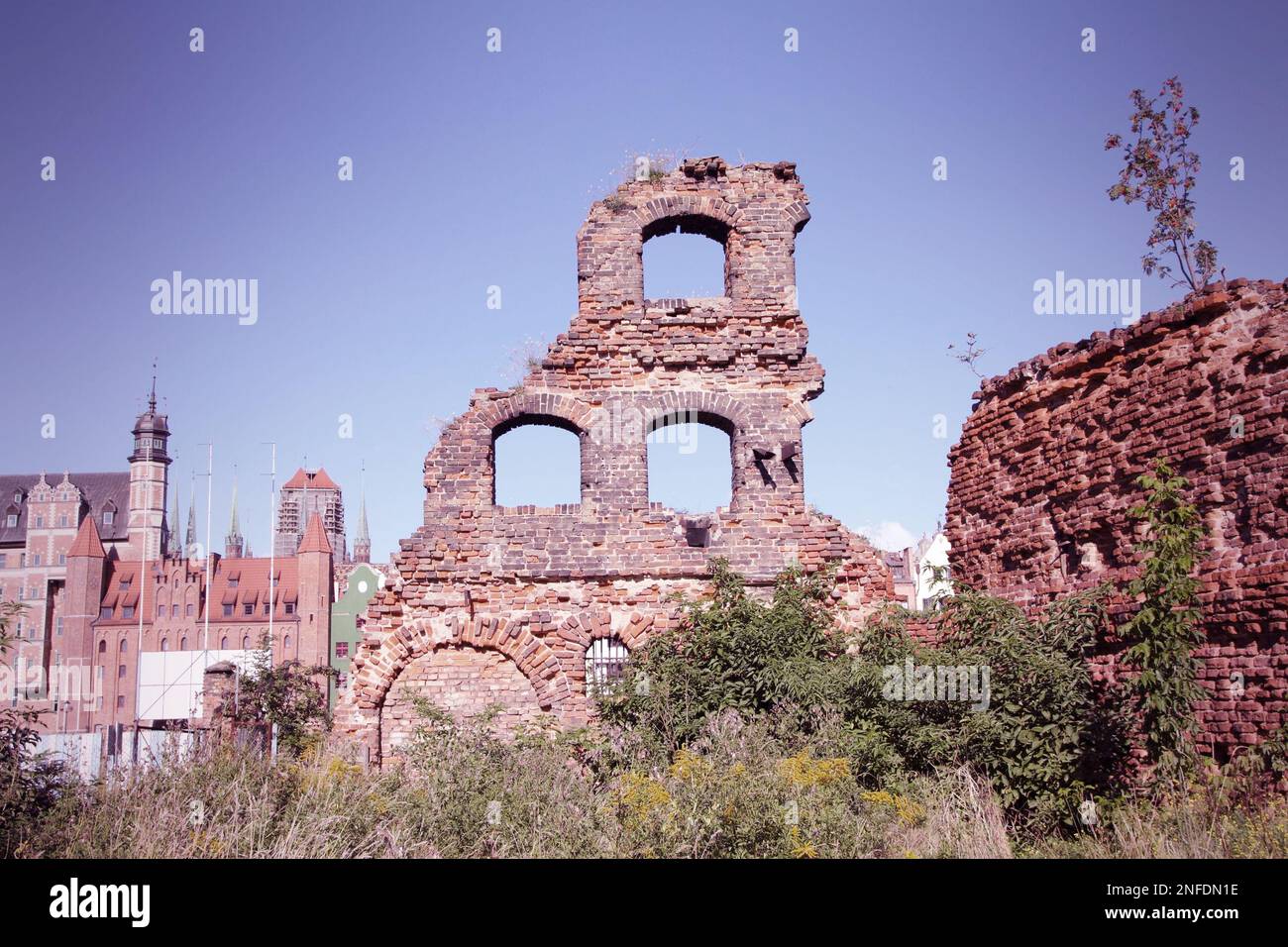 Gdansk, Poland - city view with old ruined granary. Cross processed ...