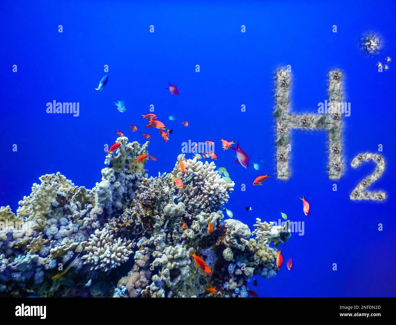 3D illustration renewable pure energy colorful h2 hydrogen in deep blue ...