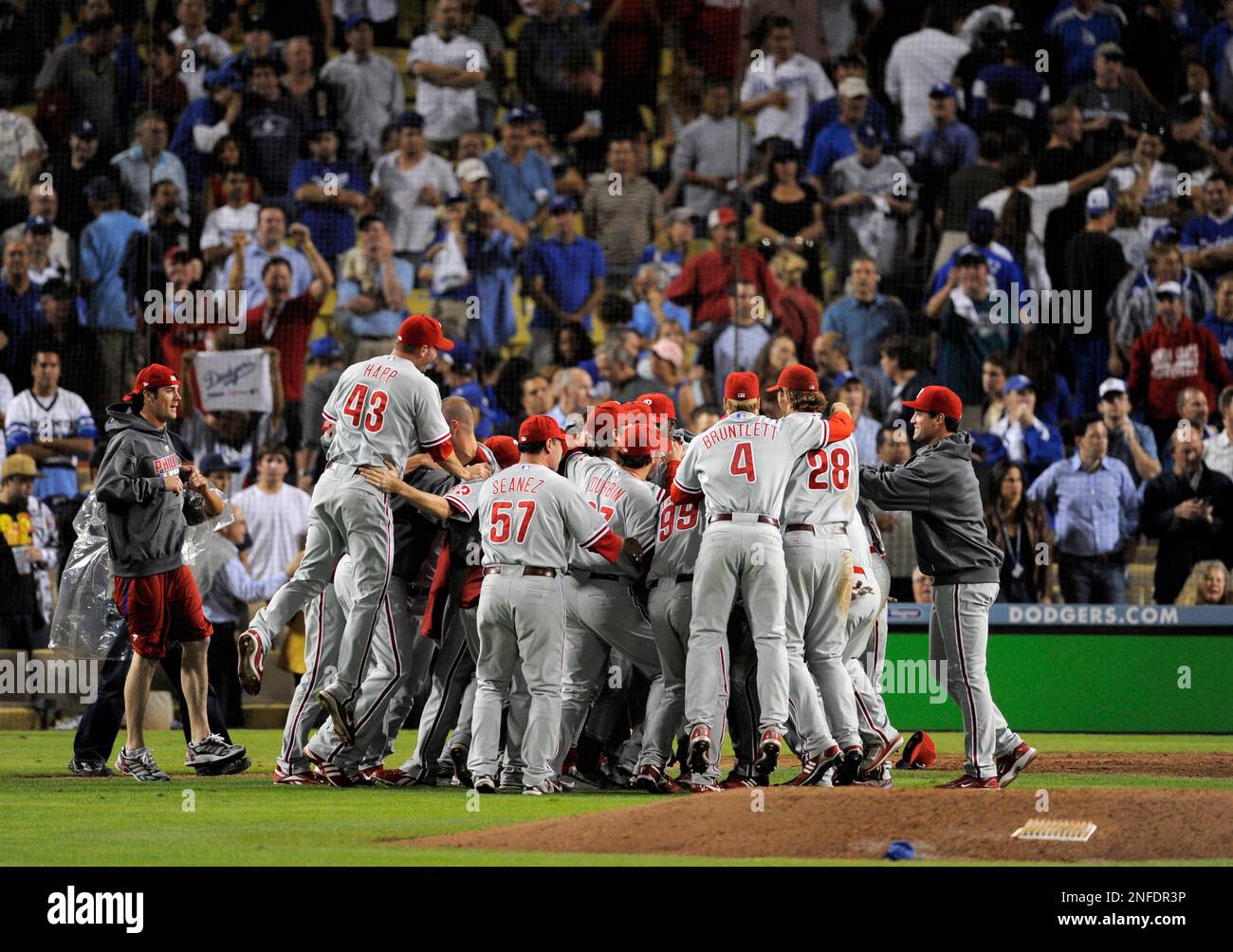 The Philadelphia Phillies celebrate after the ninth inning in Game 5 of ...