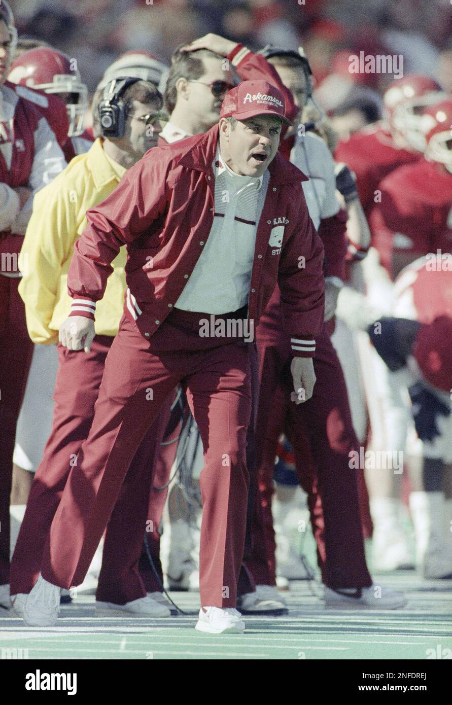 University of Arkansas head coach Ken Hatfield hollers at his team ...