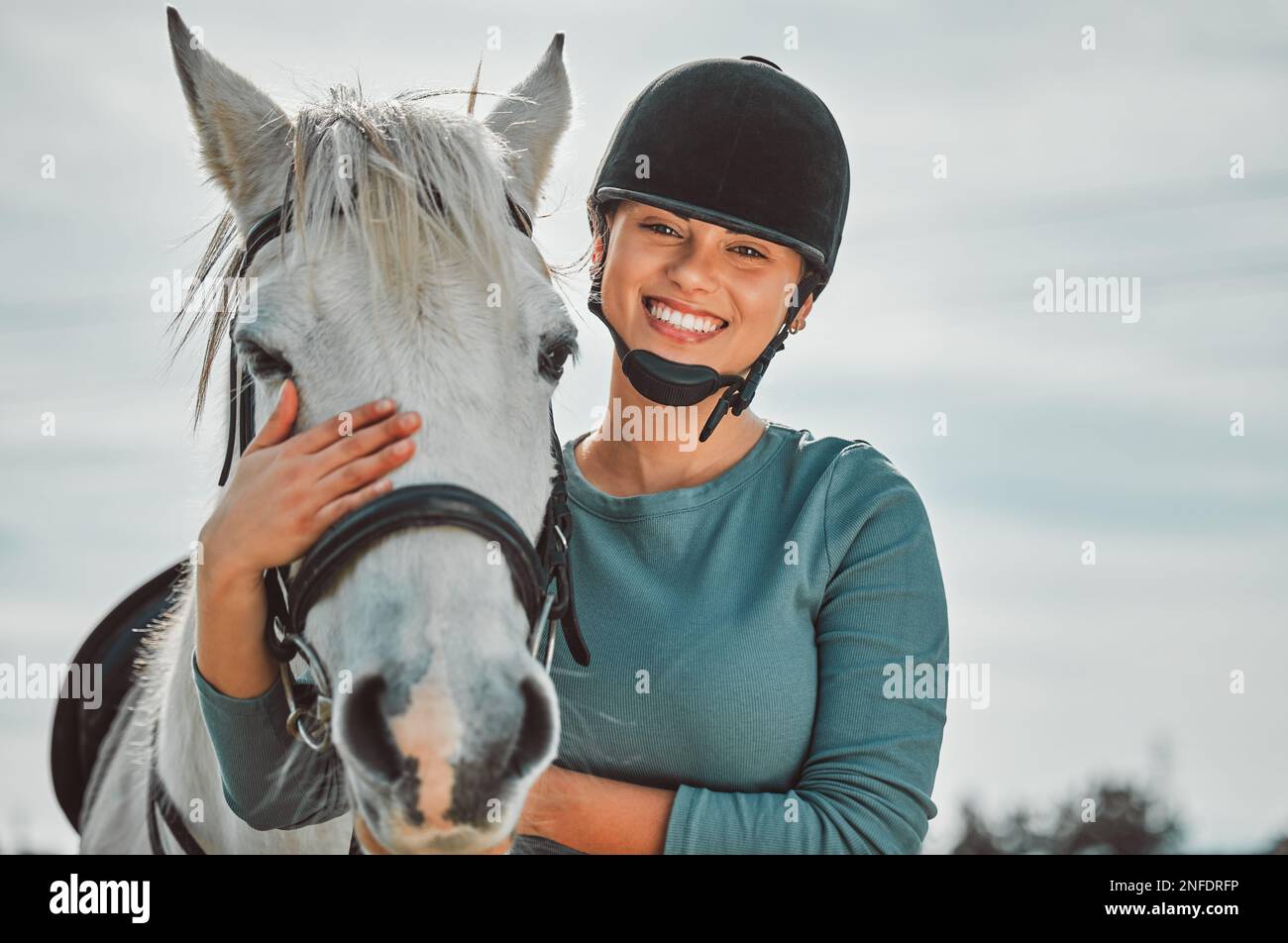 Smile, horse and relax with portrait of woman in countryside for ...