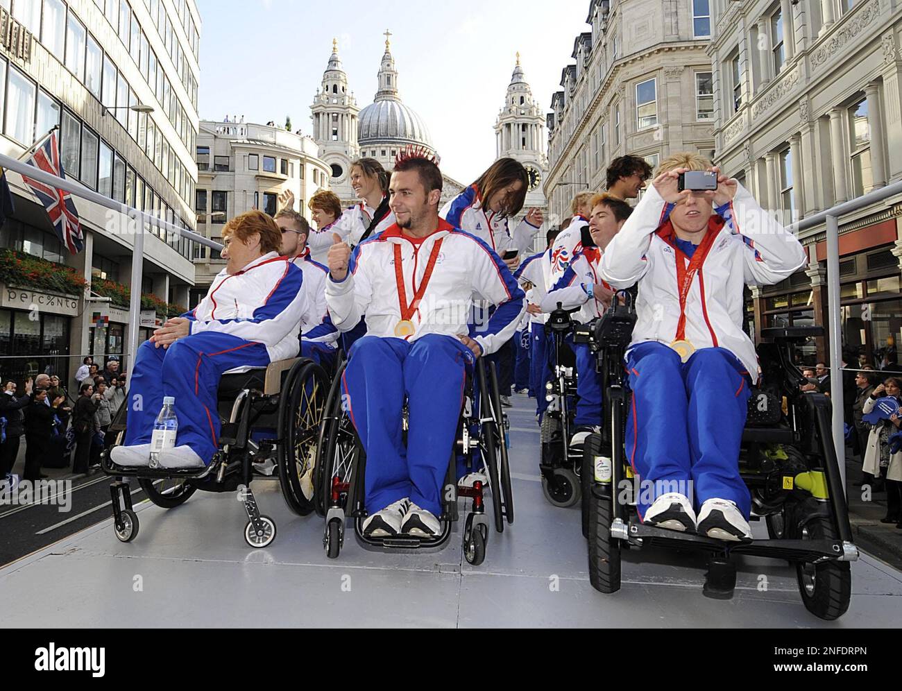 The Paralympic Boccia team on the float during the Team GB Olympic ...