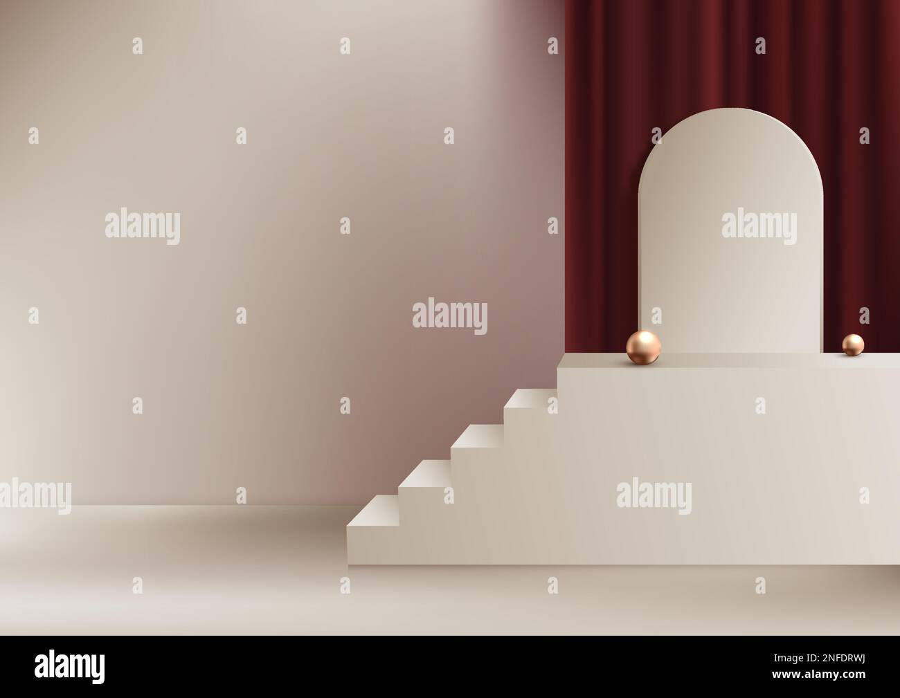 3D realistic stairs up success with door and red curtain backdrop ...