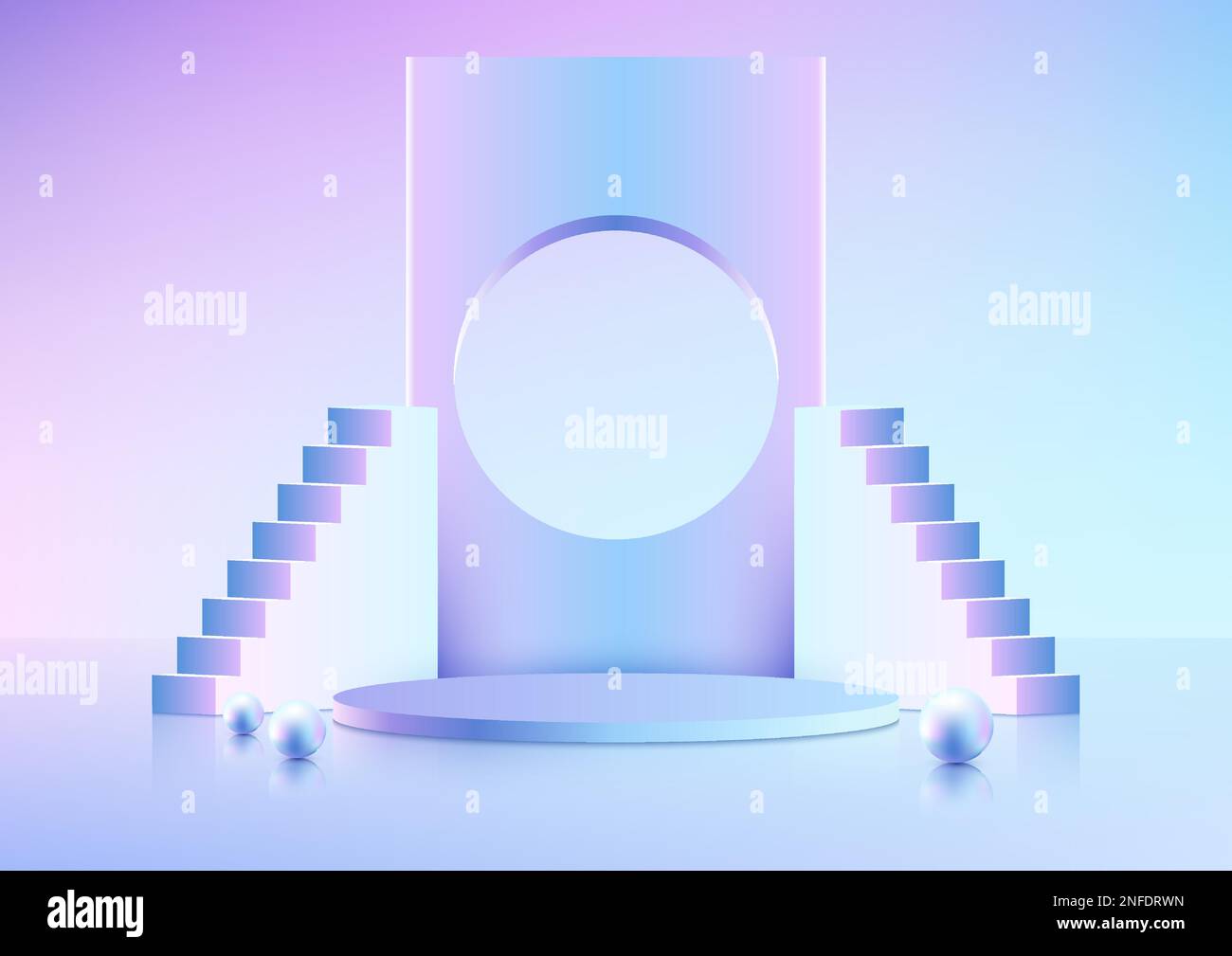 3D realistic empty blue and pink podium pedestal stand with circle ...