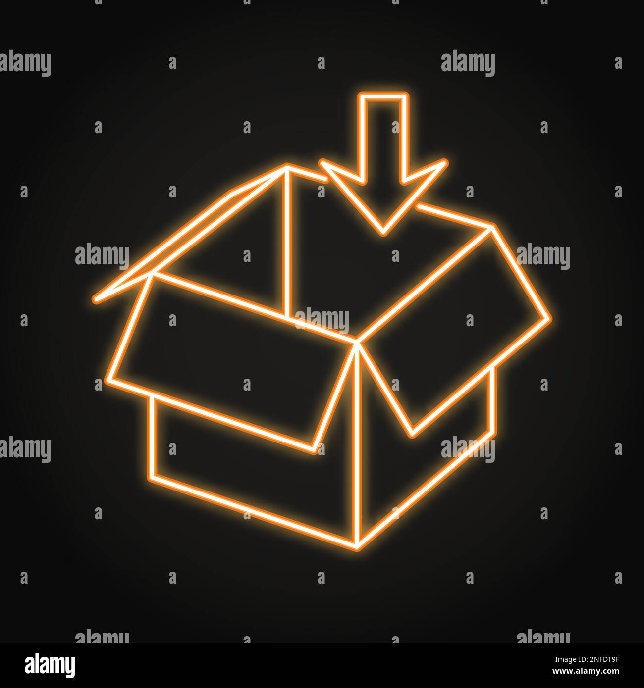 Open cardboard box neon icon. Packing, put inside, postal parcel symbol. Vector illustration ...