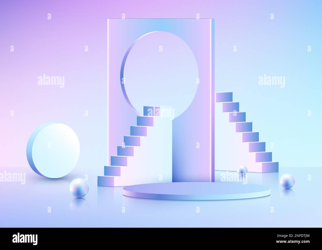 3D realistic empty blue and pink podium pedestal stand with circle ...