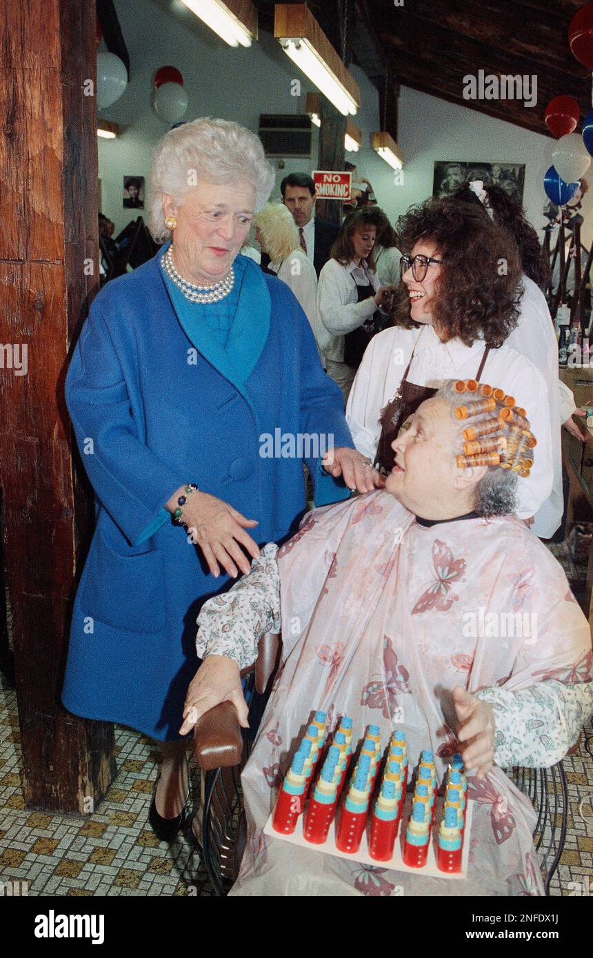 First lady Barbara Bush visits the Continental Academy of Hair Design ...