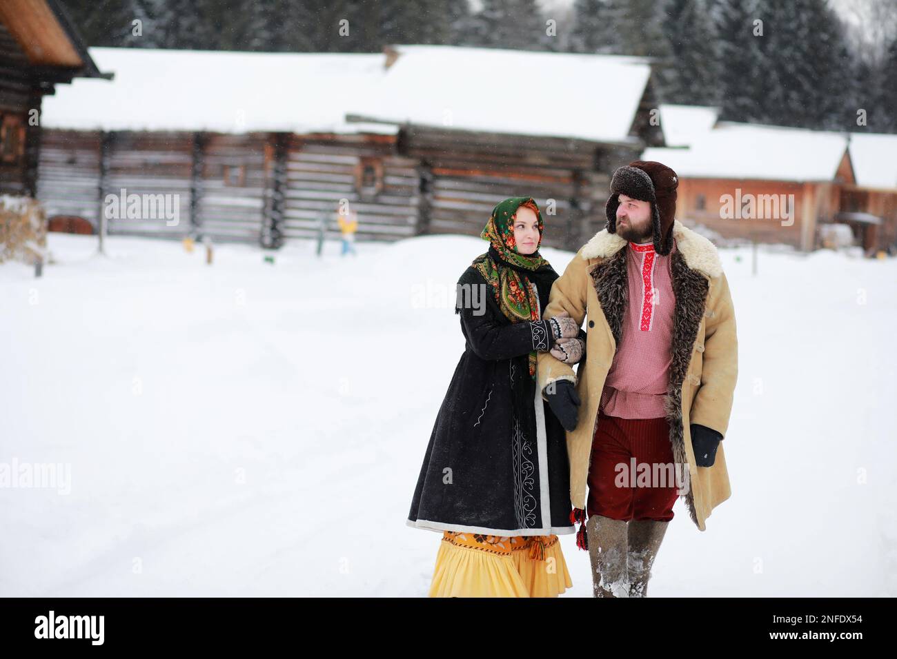 Beard man in traditional winter costume of peasant medieval age in ...