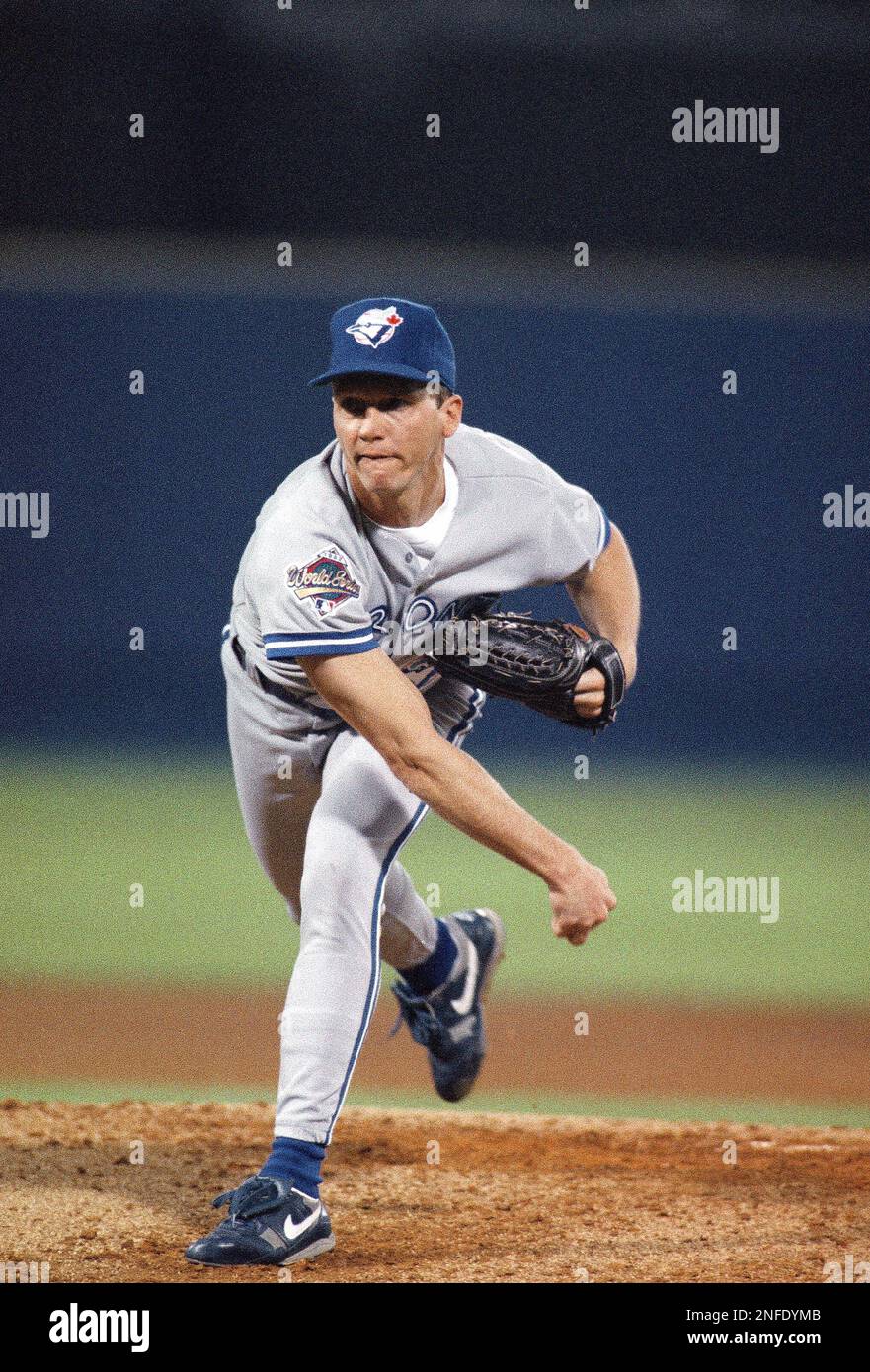 Toronto Blue Jays starting pitcher David Cone pitches in the first ...