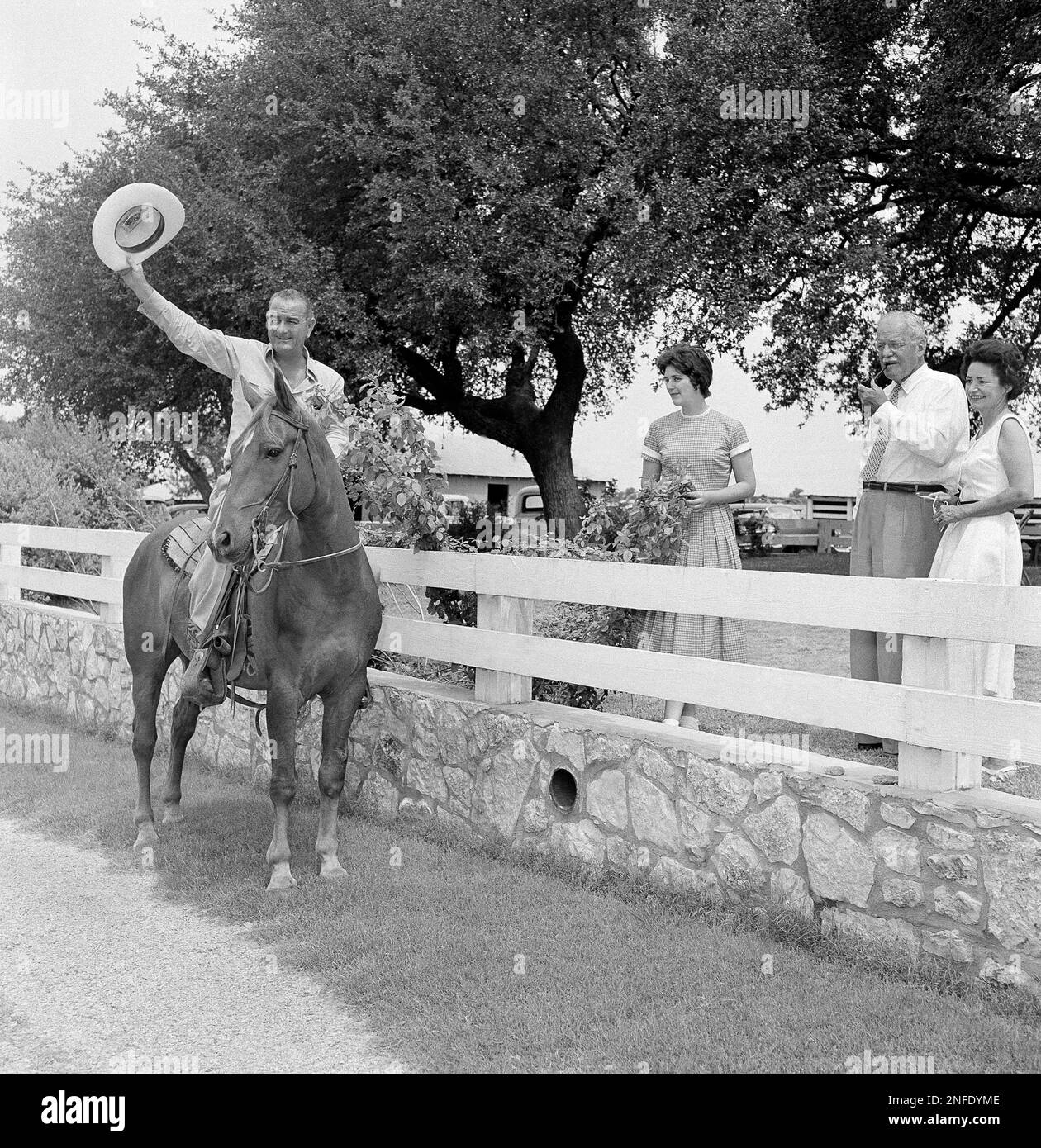 Sen. Lyndon Johnson shows off a new horse at his LBJ Ranch near Johnson ...