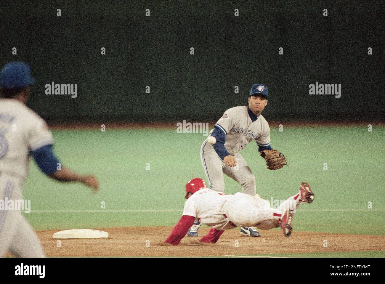Philadelphia Phillies' Lenny Dykstra steals second as Toronto Blue Jays ...