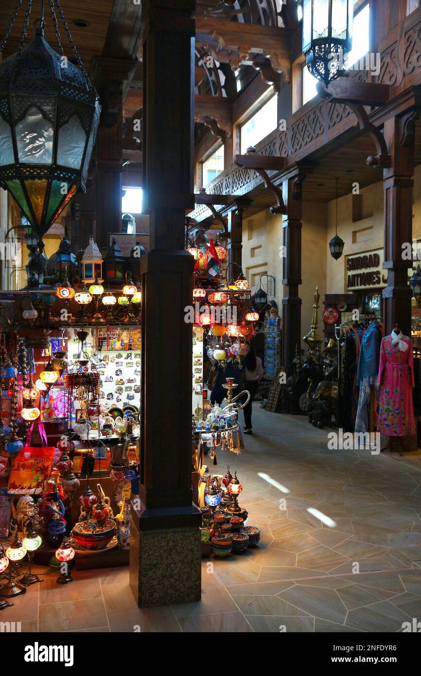 DUBAI, UAE - NOVEMBER 23, 2017: Local handicraft shops at Souk Madinat ...
