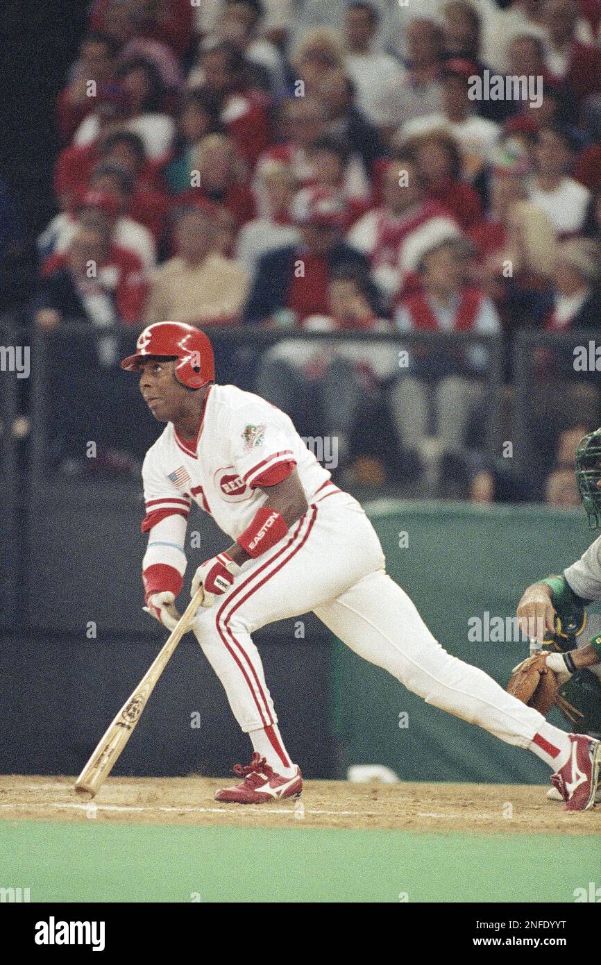 Cincinnati Reds Billy Hatcher hits a double in the third inning of the ...