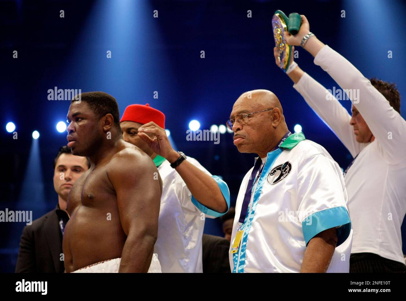 Samuel Peter is seen with his cornermen before a WBC heavyweight boxing ...