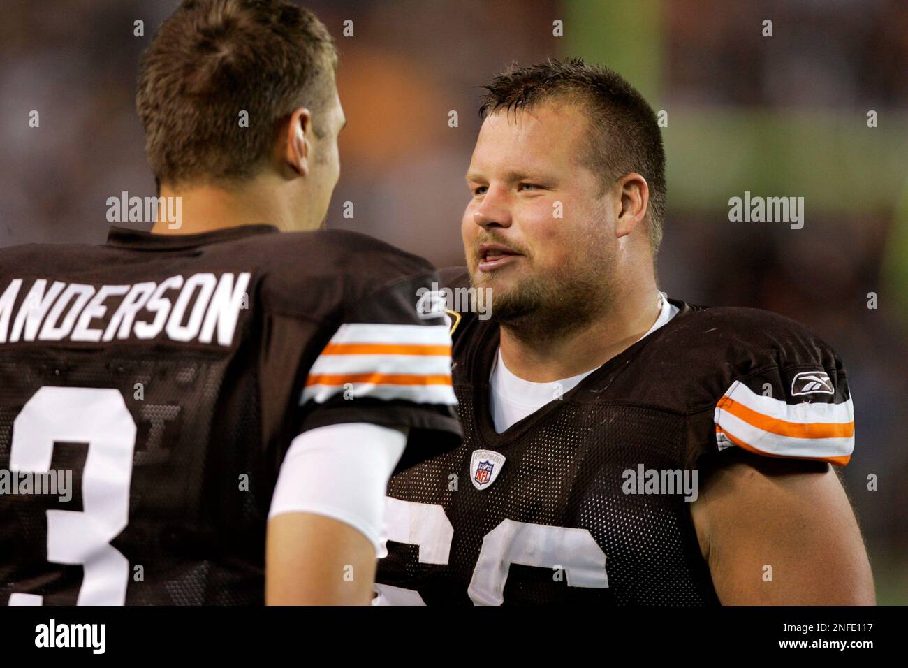 Cleveland Browns center Hank Fraley, right, talks with quarterback ...