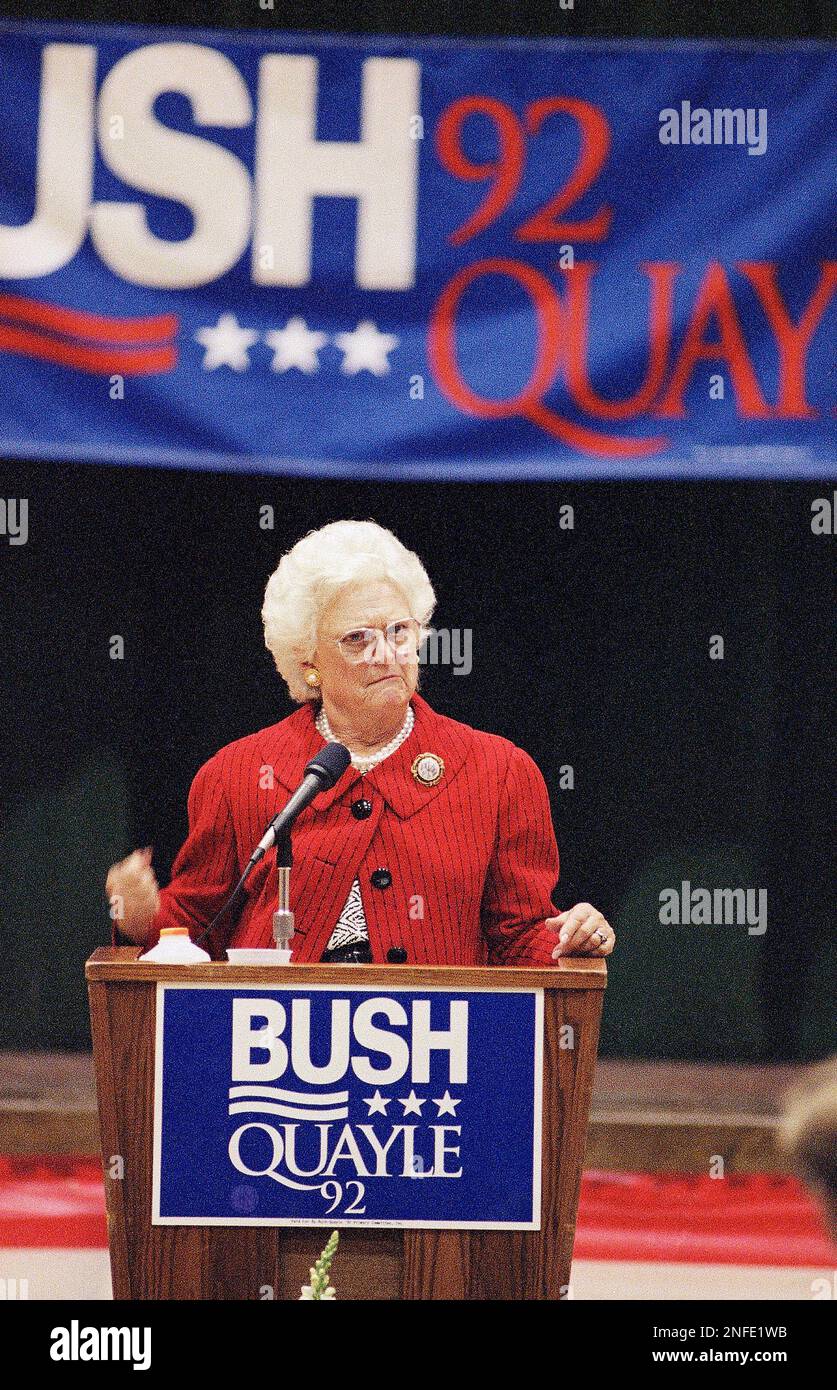 First Lady Barbara Bush, shown while addressing a rally at Grace King ...