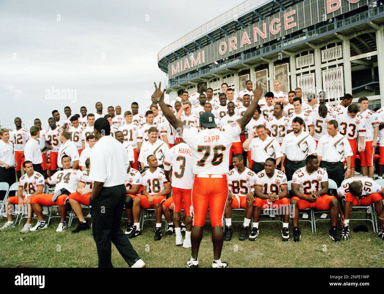 University of Miami Hurricanes tackle Warren Sapp (76) hams it up with ...