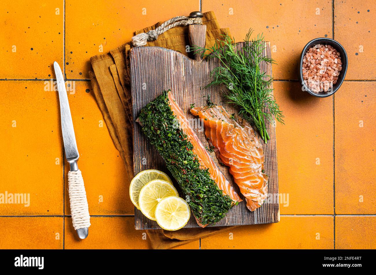 Scandinavian Gravlax Salmon fillet with dill, salt and papper. Orange ...
