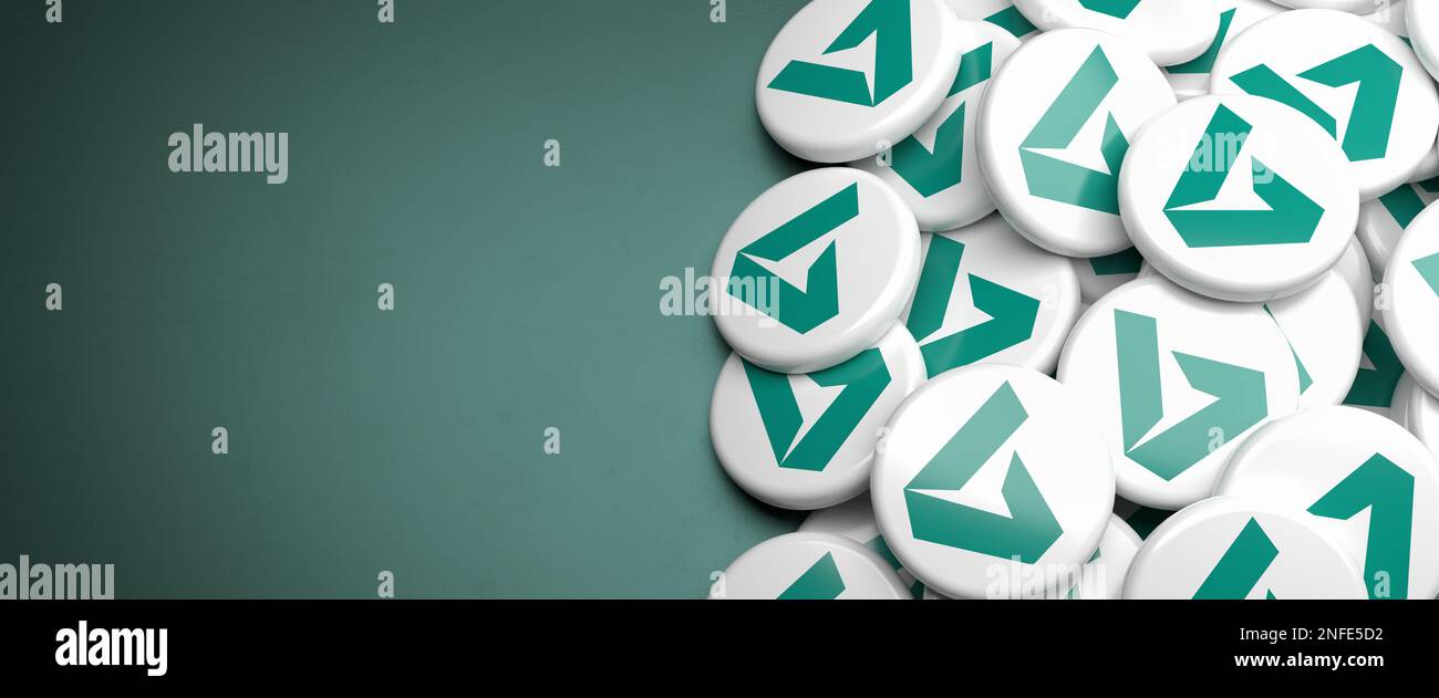 Logos of Bing the search engine by Microsoft on a heap on a table. Copy ...