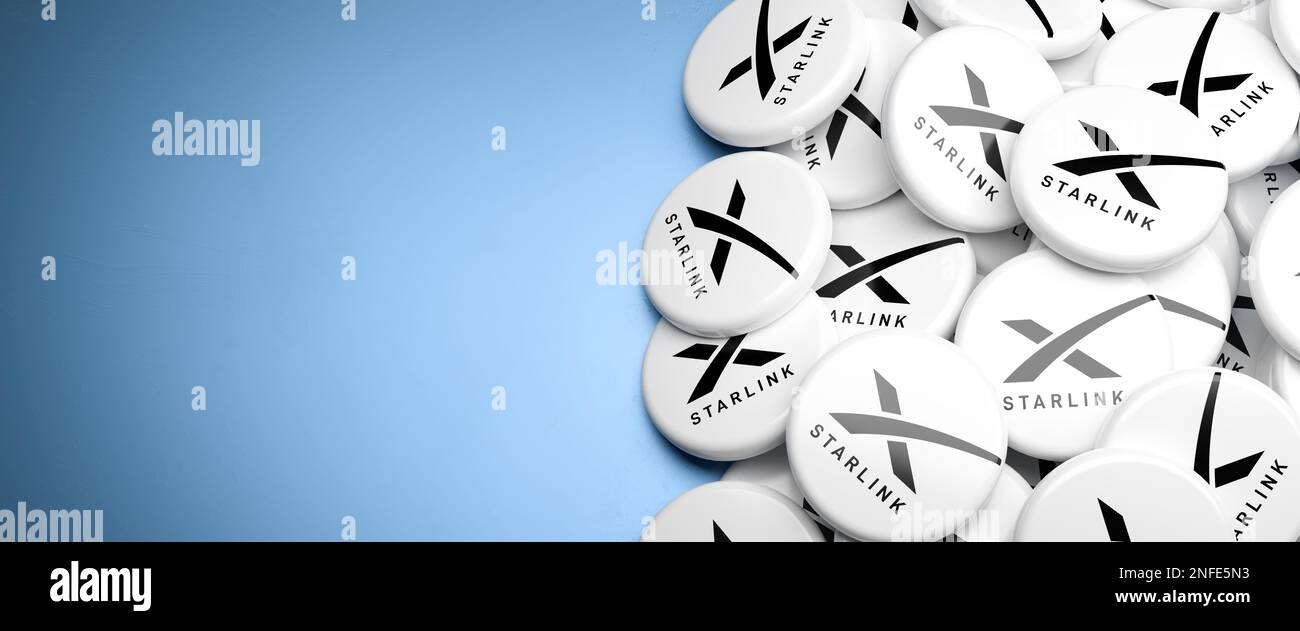 Logos of the satellite internet communications brand Starlink operated ...