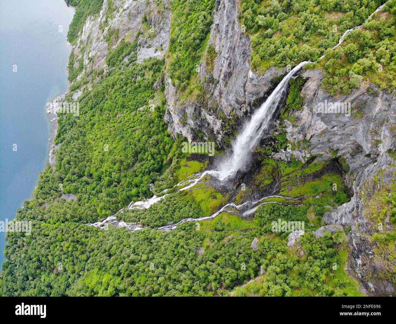 Norway fiord drone view. Aerial view of Geiranger Fjord and waterfall ...