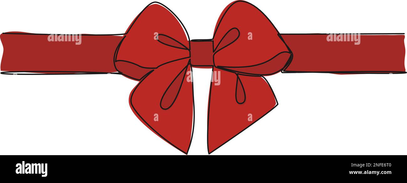 Colored Continuous Single Line Drawing Of Red Ribbon And Bow Line Art