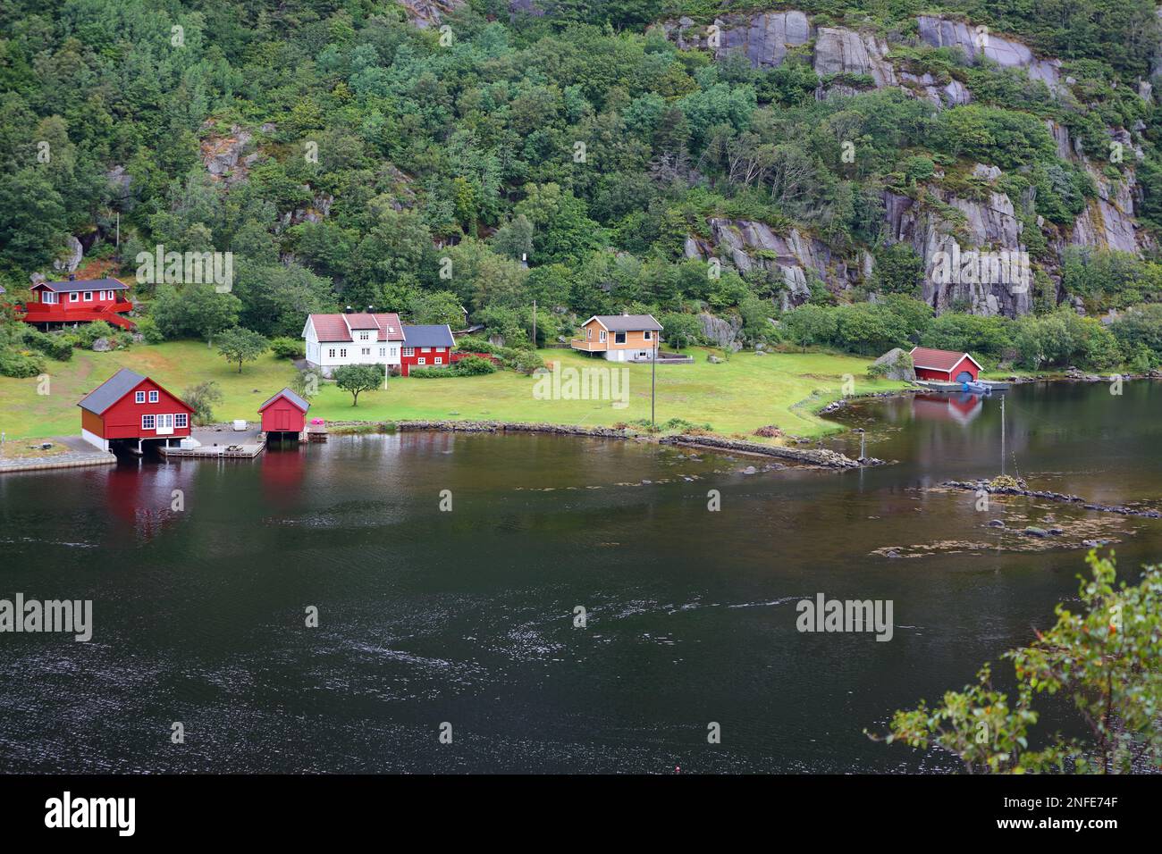 Lista peninsula rural landscape in Norway. Listafjorden fishing cabins ...