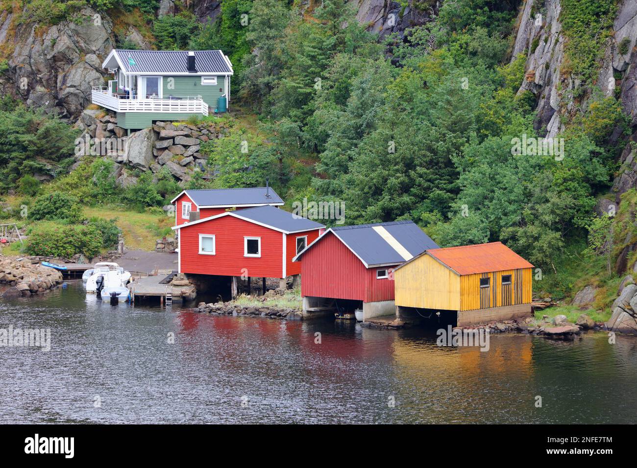 Lista peninsula rural landscape in Norway. Listafjorden fishing cabins ...