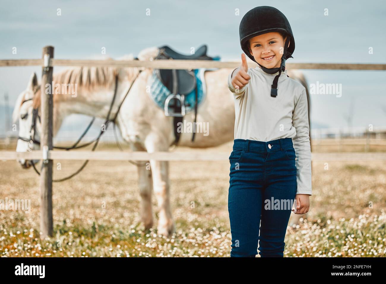 .Happy, thumbs up and horse with portrait of girl in countryside for ...