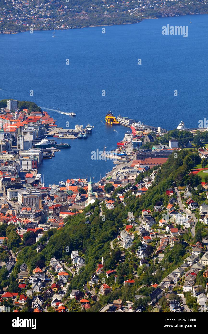 Bergen city, Norway. Summer aerial view of downtown Bergenhus and ...