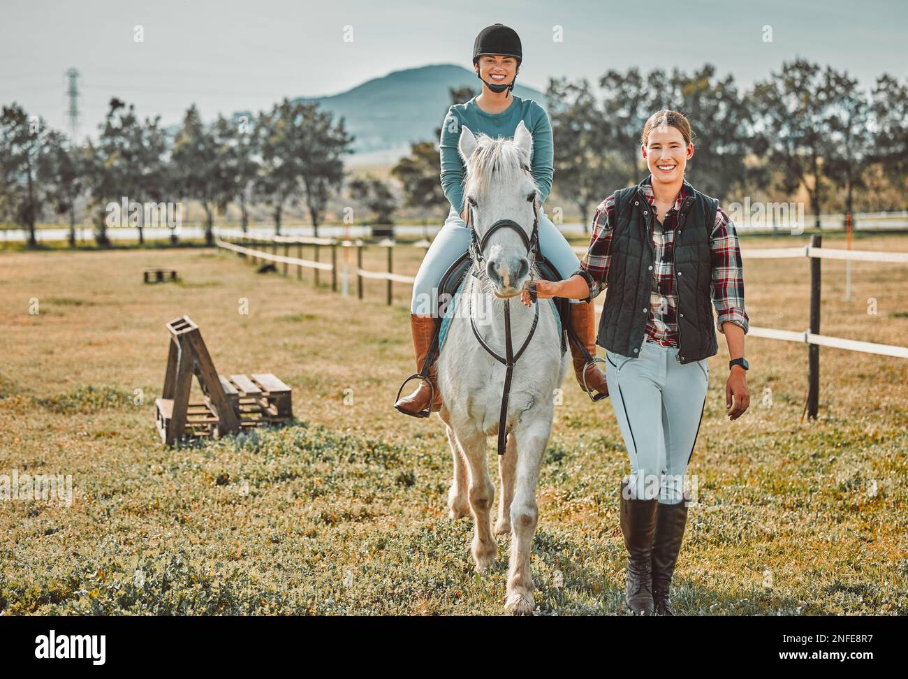 .Horse, portrait and mockup with a woman coach training a student on ...