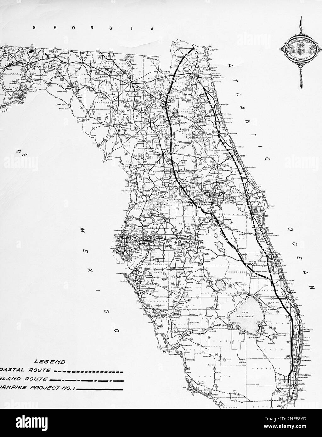 Map shows proposed routes for the state long Florida turnpike, whether ...