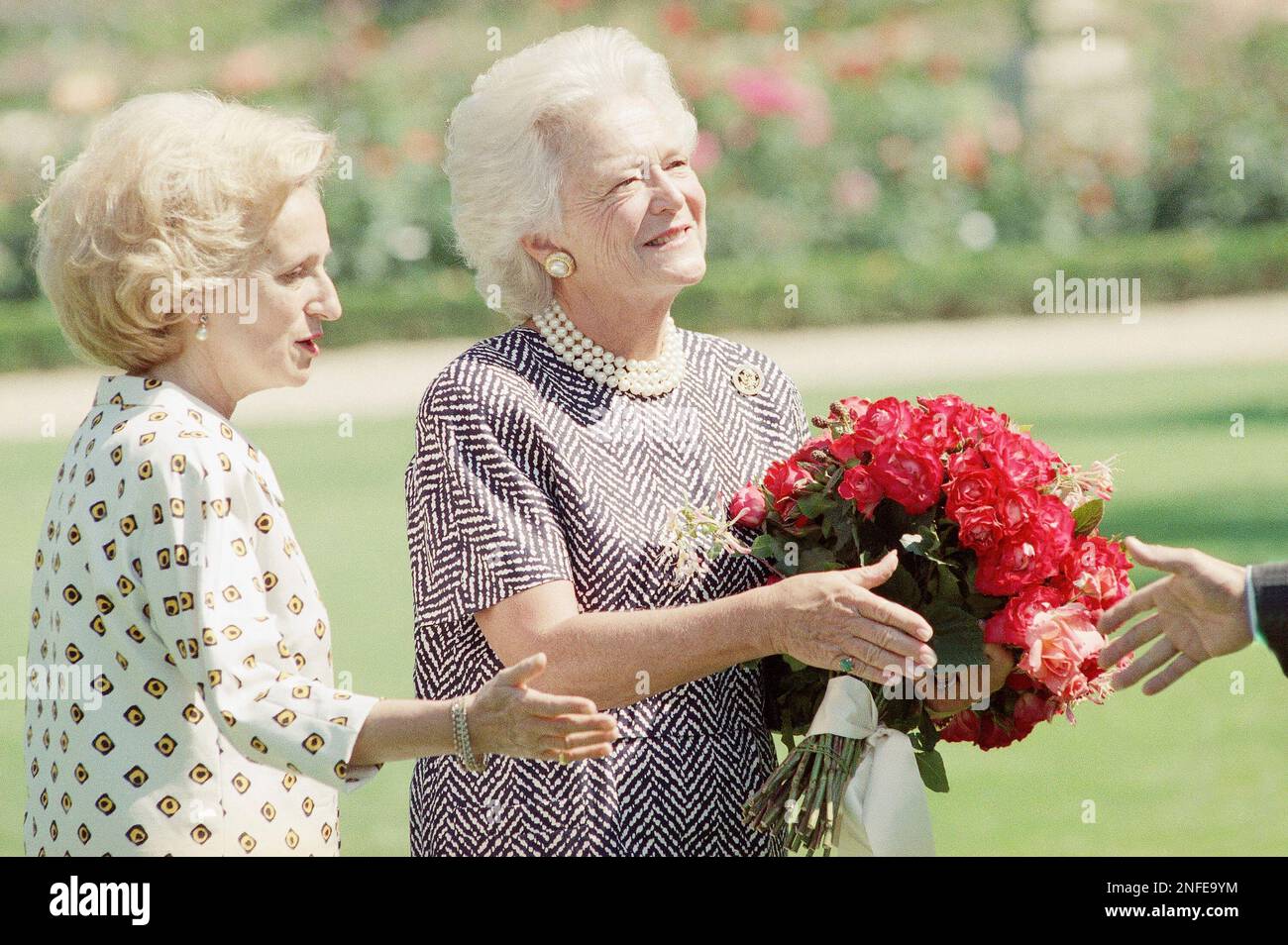 U.S. first lady Barbara Bush, right, accompanied by Bernadette Chirac ...