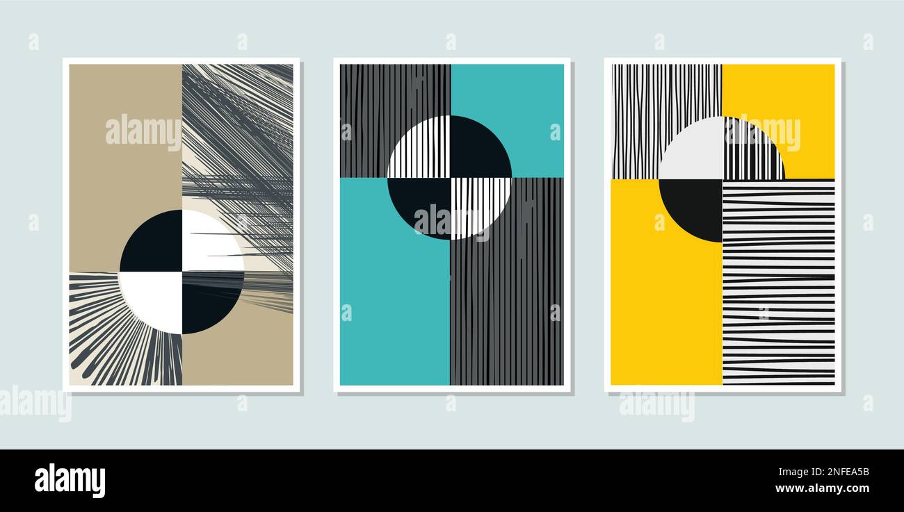 Geometric shapes with grunge black lines on the colorful ground. A set ...