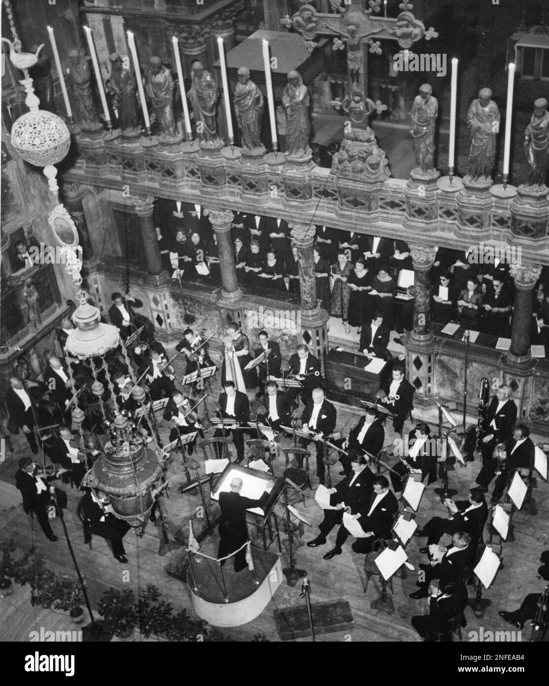 Russian composer Igor Stravinsky is seen from above conducting the ...