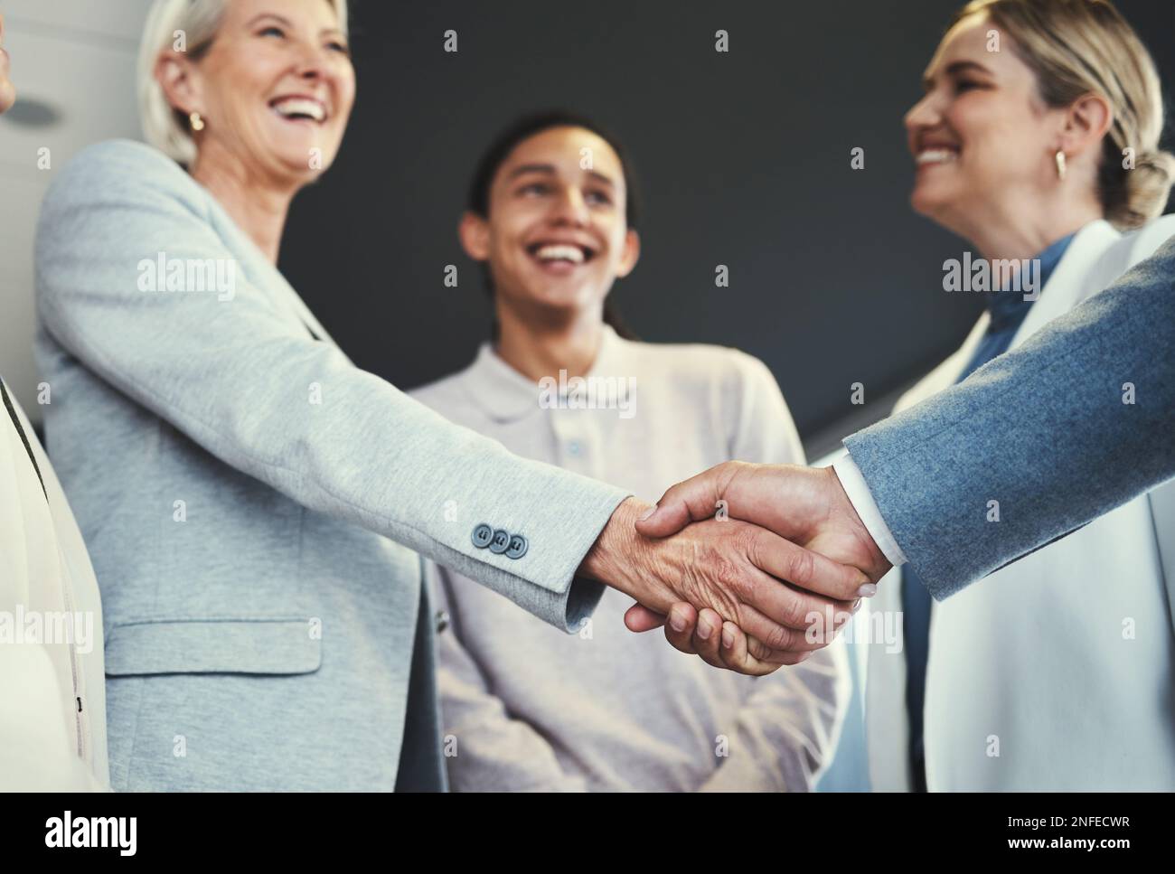 Handshake, acquisition and senior business people at investment deal ...