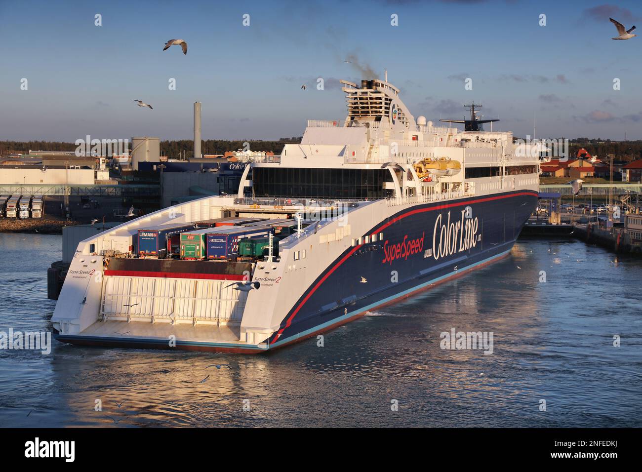 HIRSTHALS, DENMARK - JULY 16, 2020: Color Line Superspeed ferry arrives ...