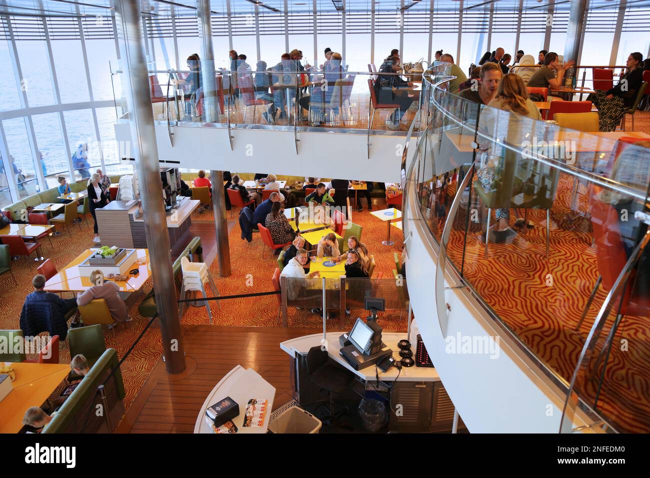HIRSTHALS, DENMARK - JULY 16, 2020: Passengers onboard Color Line ...