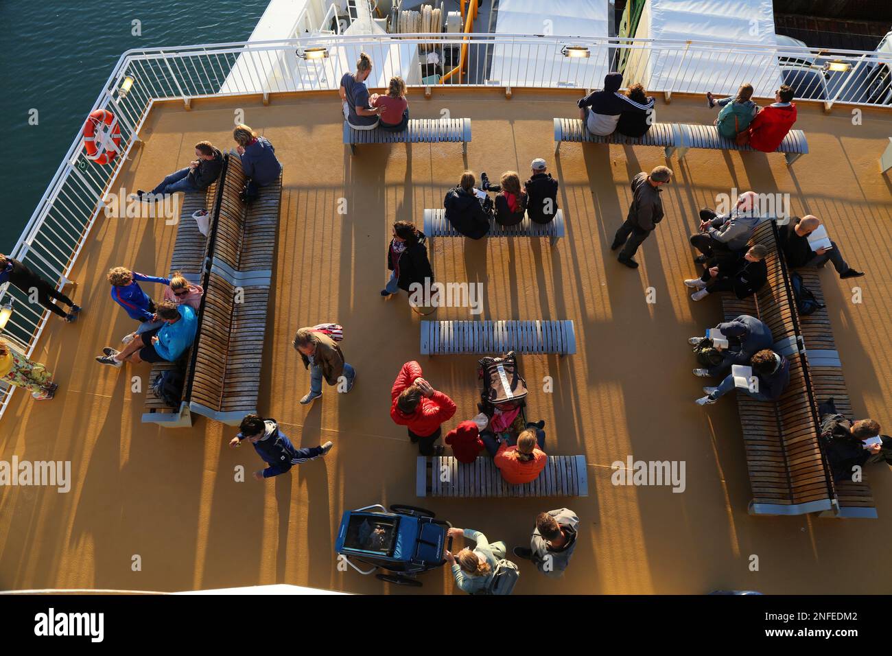 HIRSTHALS, DENMARK - JULY 16, 2020: Passengers onboard Color Line ...