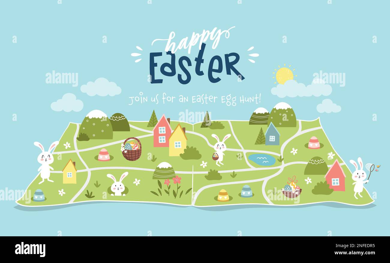 Cute Easter Egg hunt design, map for children, hand drawn with cute ...