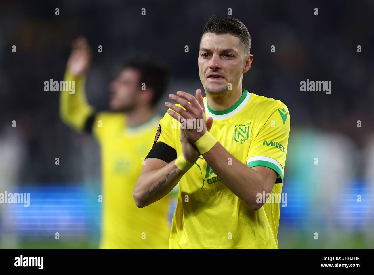 Turin, Italy. February 16, 2023, Andrei Girotto of Fc Nantes gestures ...