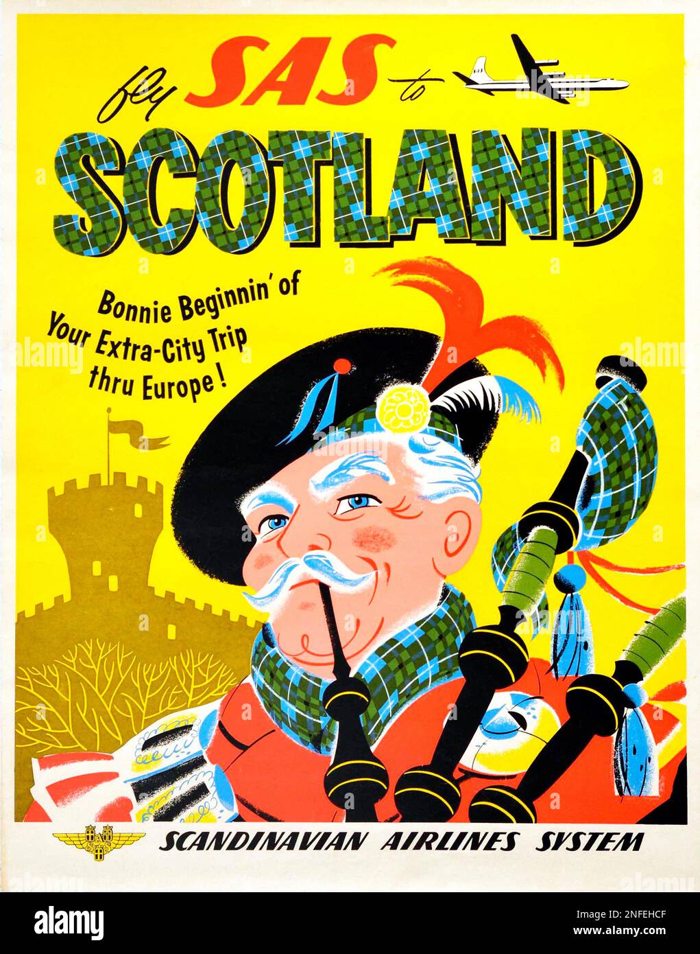 Vintage 1950s Scottish Travel Poster- Scotland Fly SAS Stock Photo - Alamy