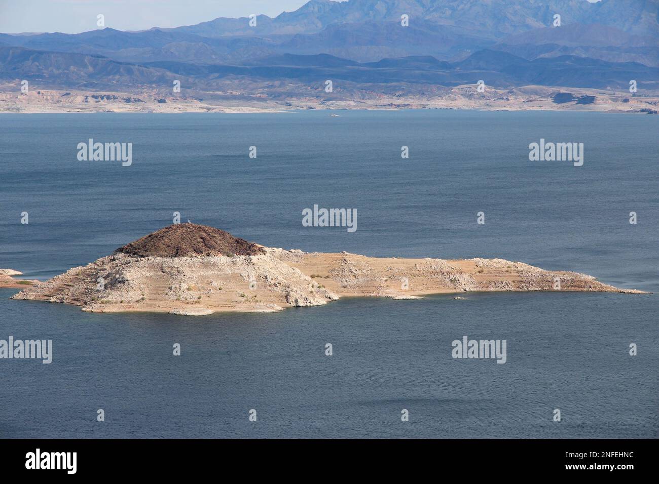 Lake Mead low level. Island exposed because of drought in America ...