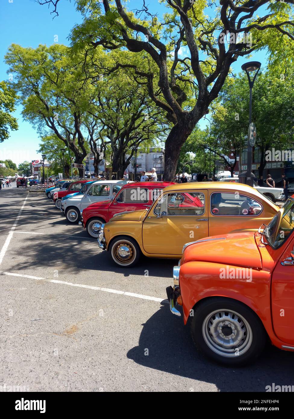 A vertical shot of classic cars parked next to each other at a car show ...